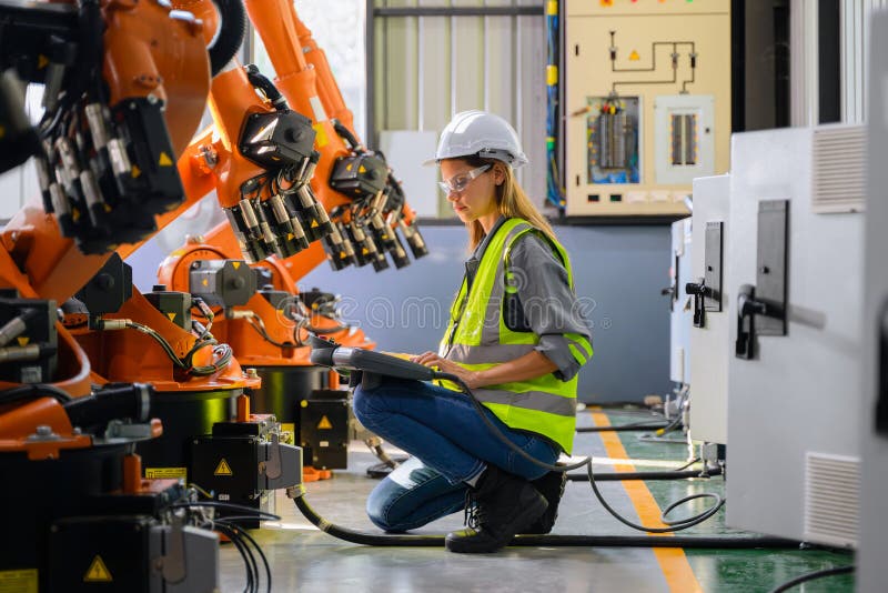 Female Engineer Worker Working with Robotic Machine Automation Stock ...