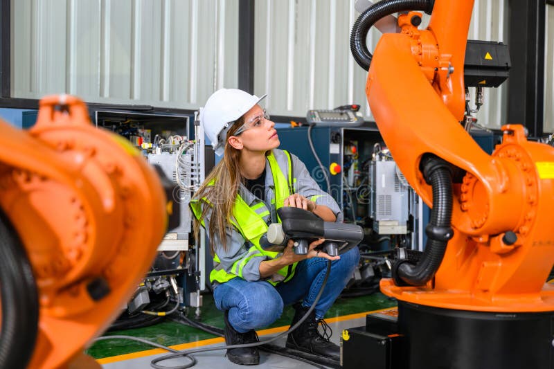 Female Engineer Worker Working with Robotic Machine Automation Stock ...