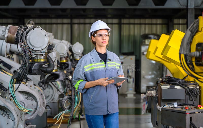 Female Engineer Worker Working with Robotic Machine Automation Stock ...