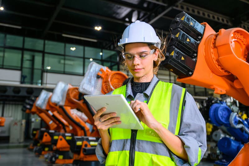 Female Engineer Worker Working with Robotic Machine Automation Stock ...