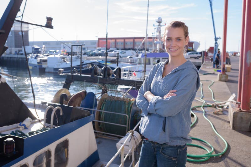 Female Engineer Working in Harbor Background Stock Image - Image of ...