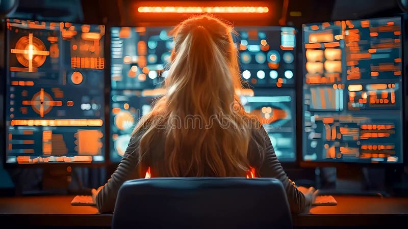 A Woman Monitors Digital Data on Multiple Screens in a Modern Control ...