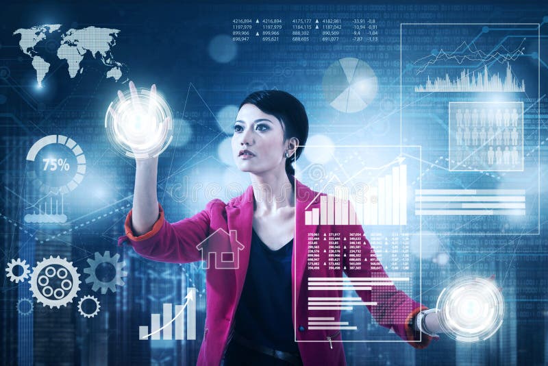 Female Entrepreneur Working on Virtual Screen Stock Image - Image of ...