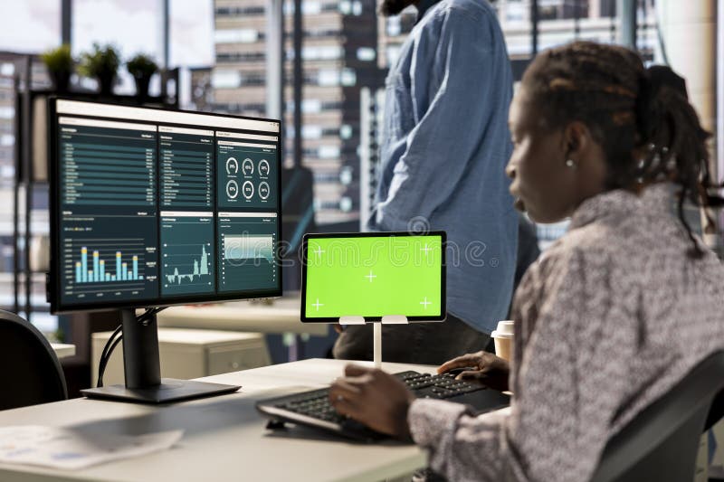Female Executive Seated at Her Workstation with Isolated Copy Space ...