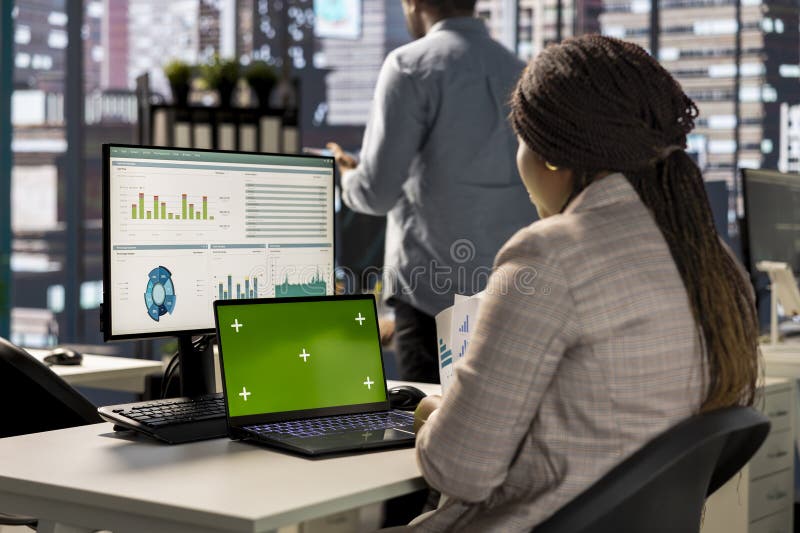 Female Executive Seated at Her Workstation with Isolated Copy Space ...