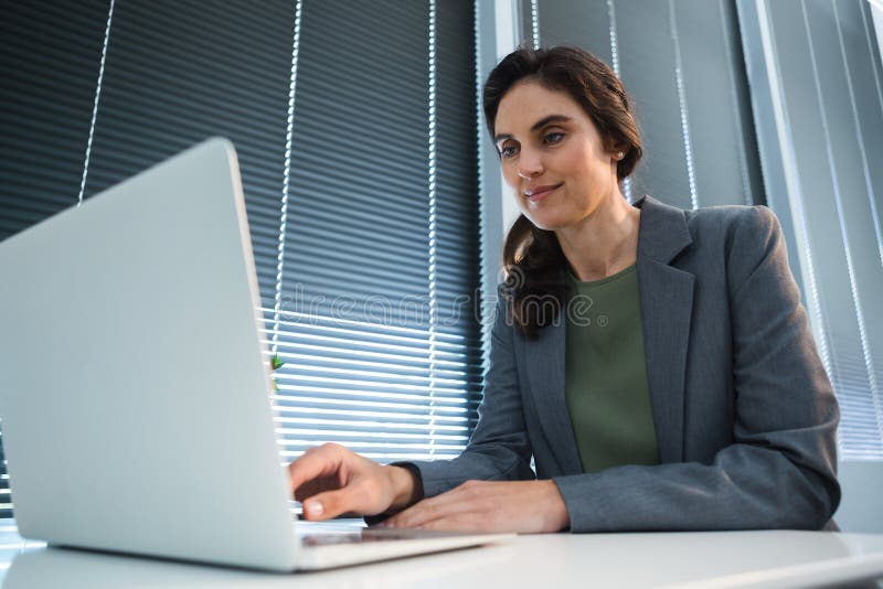 Female Executive Using Laptop at Desk Stock Photo - Image of internet ...