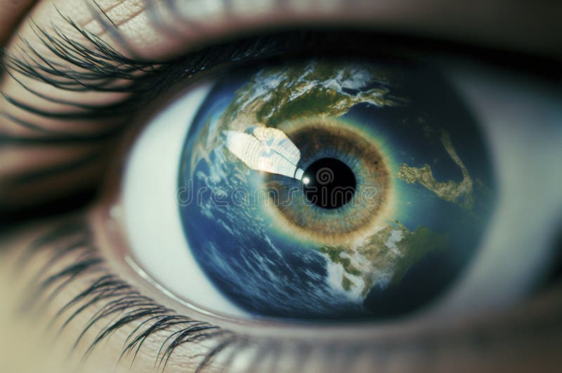 Female Eye. Reflection of Planet Earth in the Iris of the Eye. Earth ...