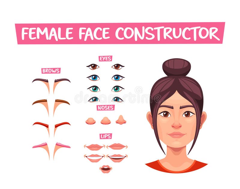 Female Face Constructor with Various Brows, Eyes, Noses, and Lips ...