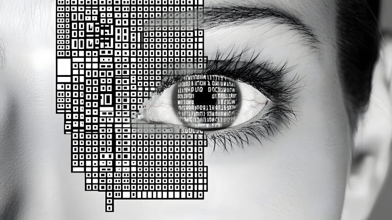 Female Face with Digital Binary Eye Overlay Stock Illustration ...