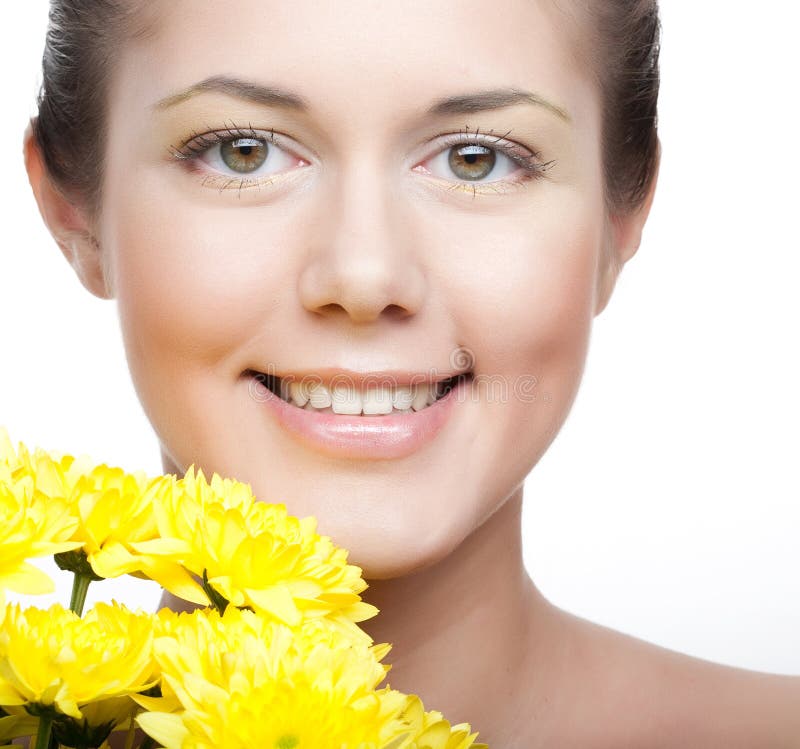 Female Face with the Yellow Chrysanthemum Stock Image - Image of ...