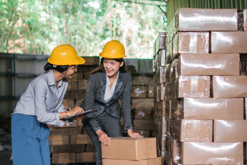 Female Factory Employees Check the Contents of the Boxes with Data ...