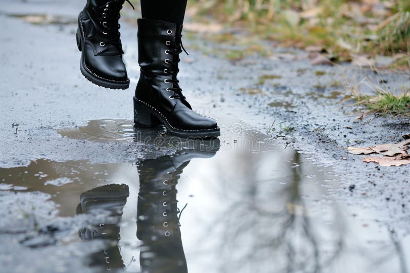 Female Feet in Black Leather Boots Stepping on a Puddle Reflection ...