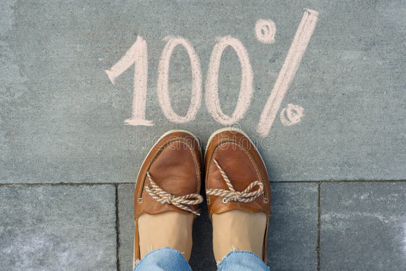 Female Feet with Text 100 Percent Written on Grey Sidewalk Stock Image ...