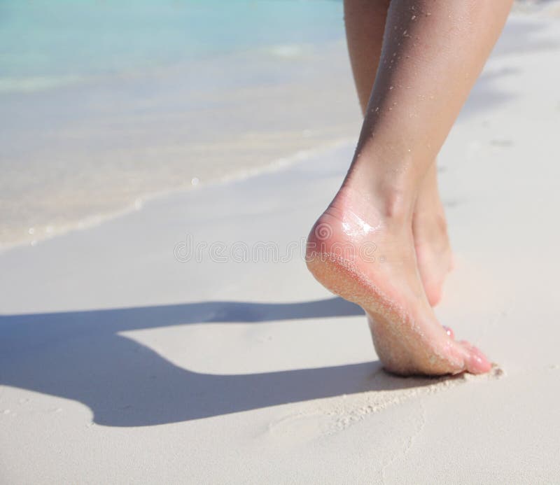 Legs On Tropical Sand Beach Walking Female Feet Stock Image Image Of