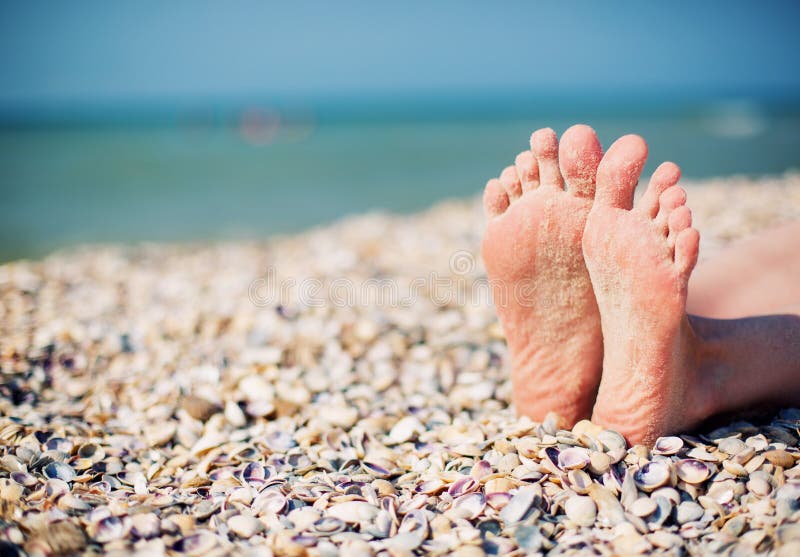 Female Feet on White Shell Beach Stock Photo - Image of leisure, foot ...