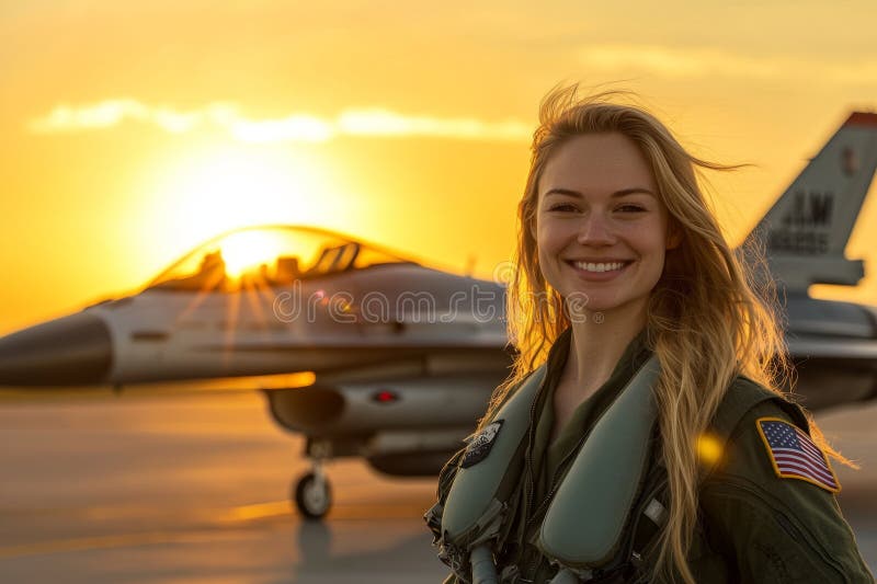 Female Fighter Pilot is Smiling with the Sunset in the Background Stock ...