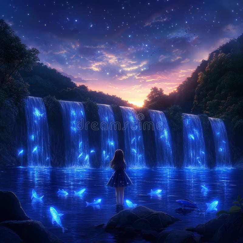 A Female Figure Silhouetted by a Mystical Underwater Waterfall Stock ...