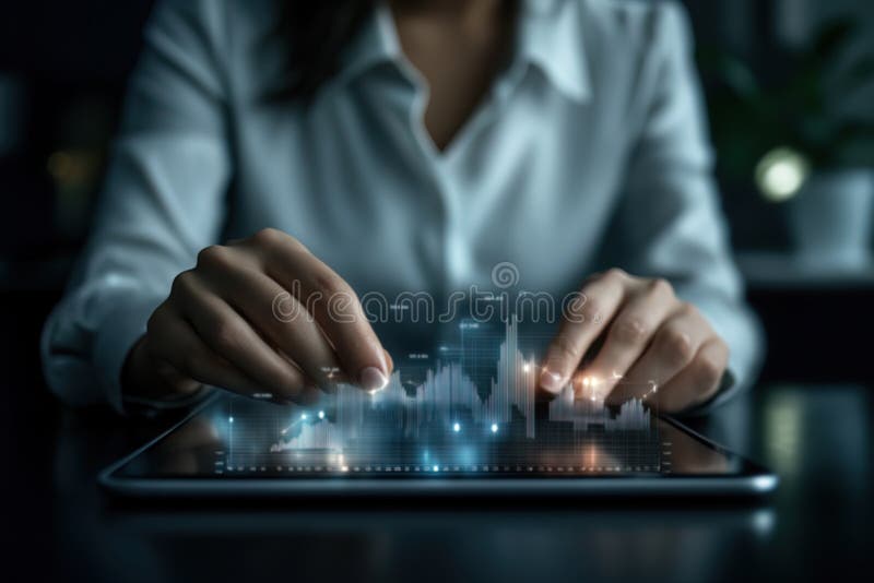 Female Fintech Entrepreneur at Workspace, Analytics on Digital Table ...