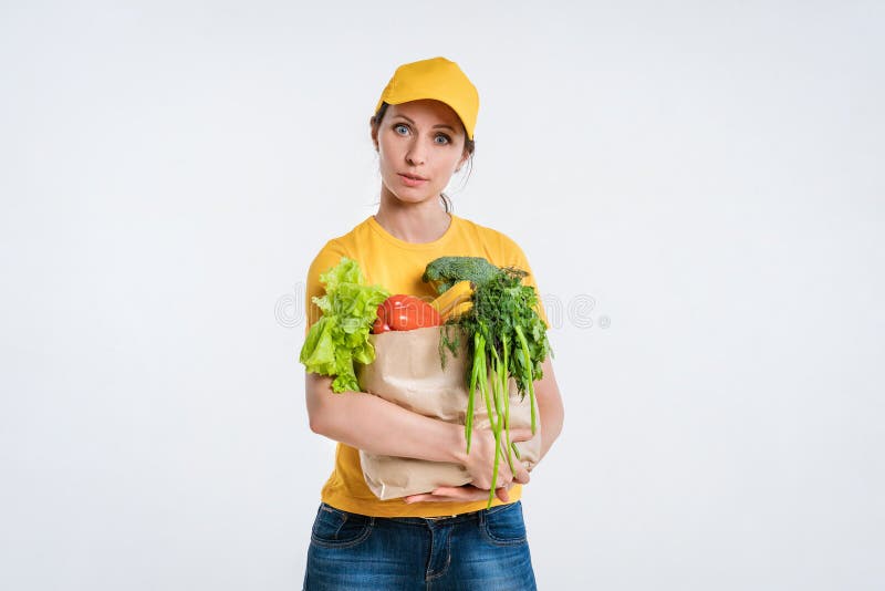 Female Food Delivery Worker with Food Package Stock Photo - Image of ...