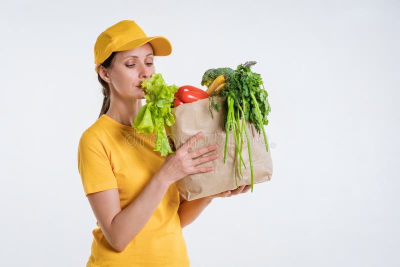 Female Food Delivery Worker with Food Package Stock Photo - Image of ...