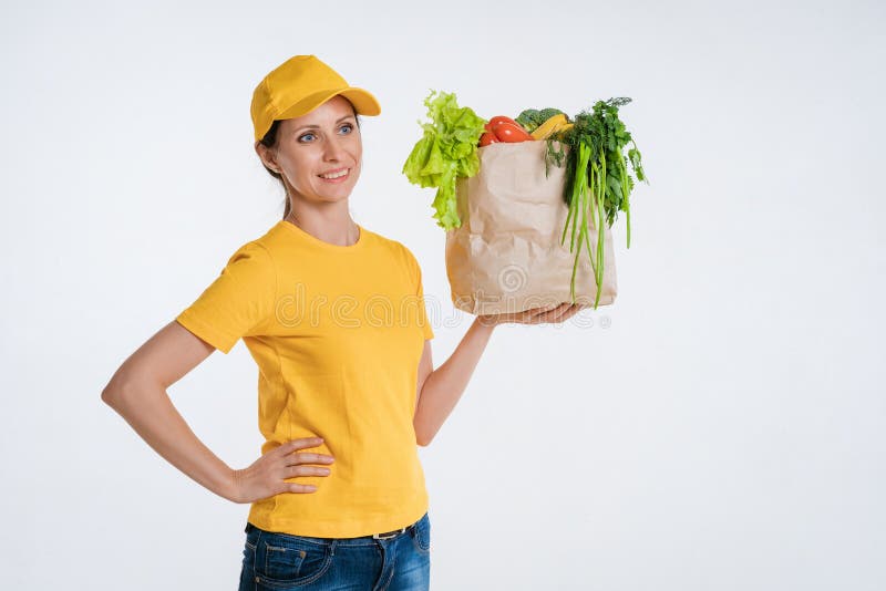 Female Food Delivery Worker with Food Package Stock Image - Image of ...