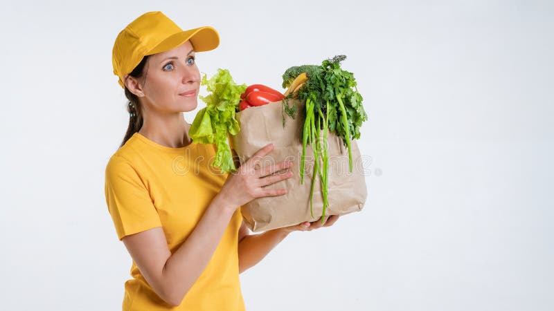 Female Food Delivery Worker with Food Package Stock Image - Image of ...