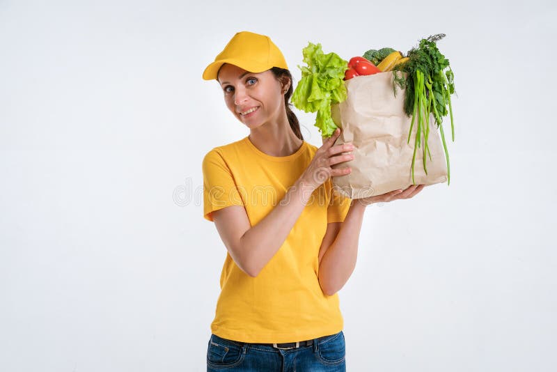 Female Food Delivery Worker with Food Package Stock Image - Image of ...