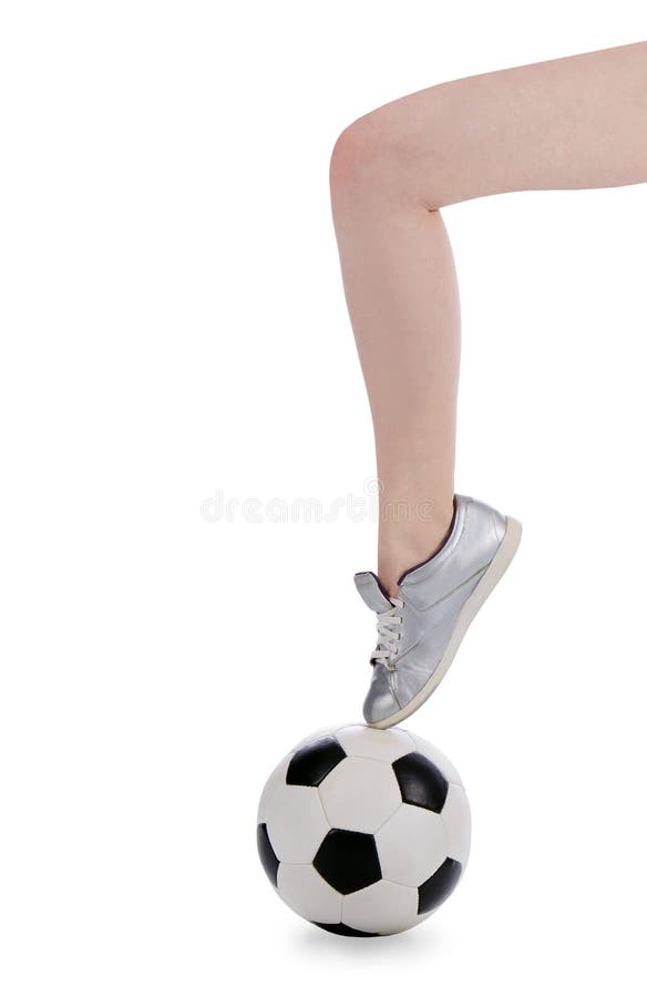 Female Foot in Shoe is on the Soccer Ball Stock Image - Image of circle ...