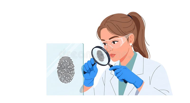 Female Forensic Scientist Analyzing Fingerprint with Magnifying Glass ...