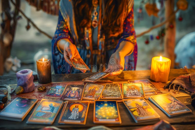A Female Fortune Teller, with an Array of Mystical Tarot Cards ...