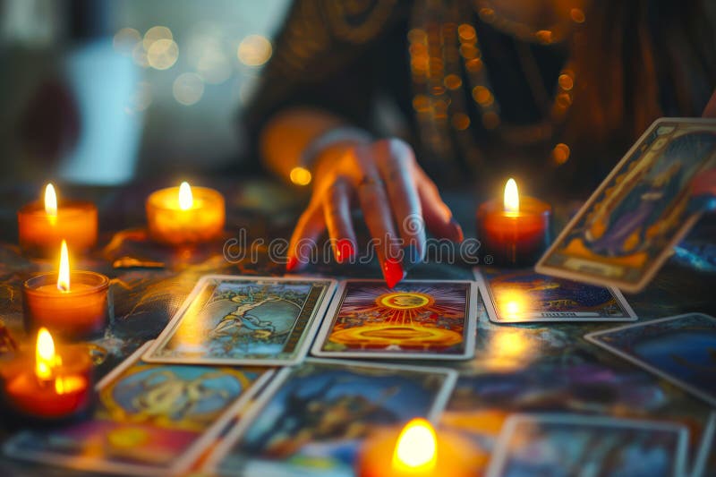 A Female Fortune Teller, with an Array of Mystical Tarot Cards ...