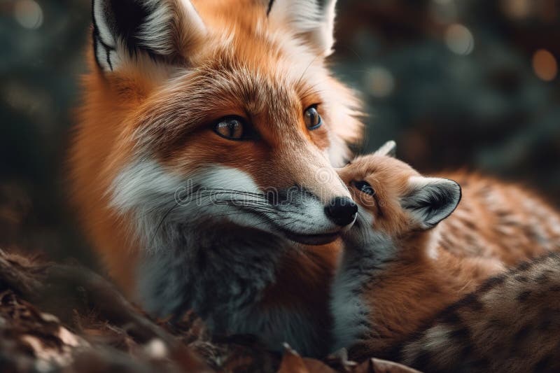 Female Fox with a Fox Cub Portrait in a Forest Stock Illustration ...