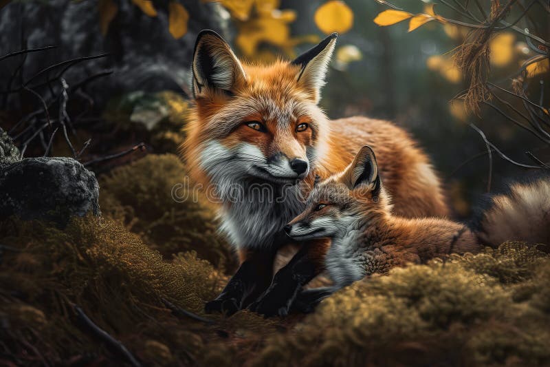 Female Fox with a Fox Cub Portrait in a Forest Stock Illustration ...
