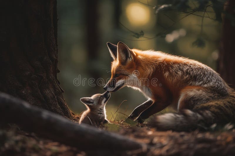 Female Fox with a Fox Cub Portrait in a Forest Stock Illustration ...