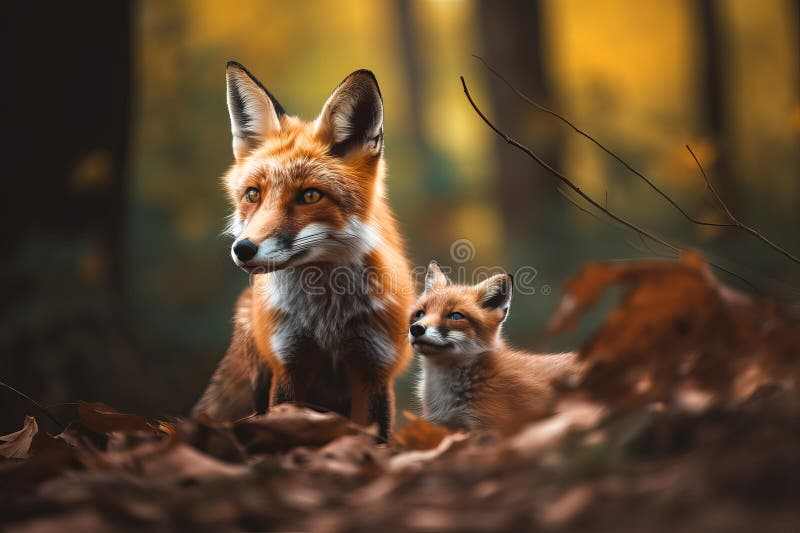 Female Fox with a Fox Cub Portrait in a Forest Stock Illustration ...