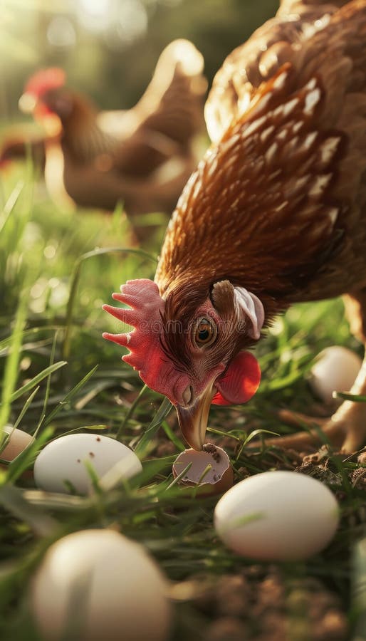 Female Free Range Hen Pecking at Feed Amidst Scattered Eggs in a Serene ...