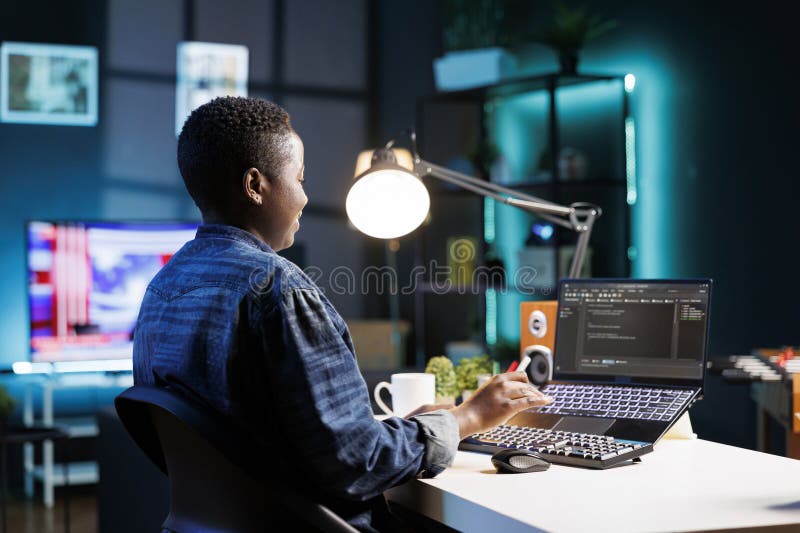 Female Freelancer Coding on Laptop Stock Photo - Image of information ...