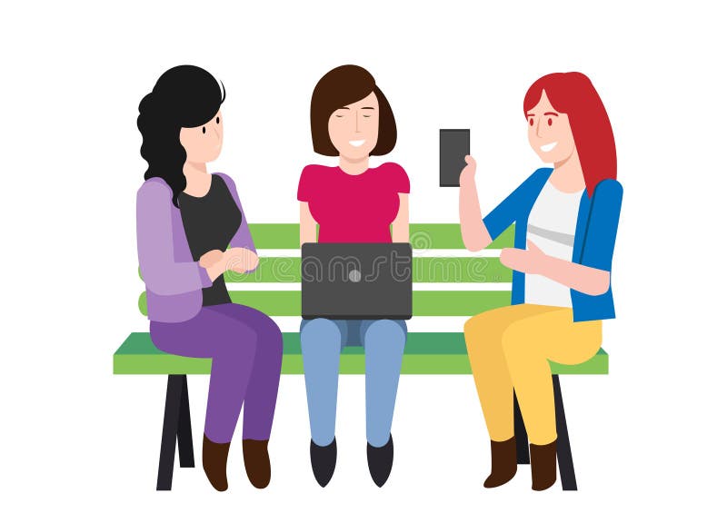 Female Friends Chatting Happily on a Bench. Vector Illustration Stock ...