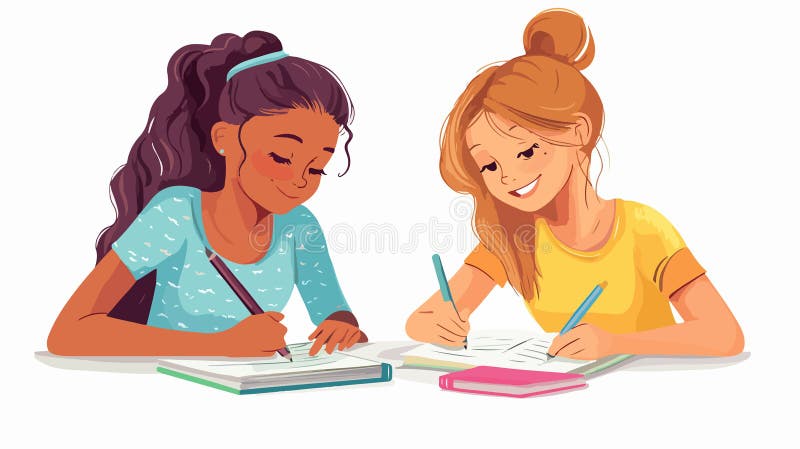 Female Friends Doing Homework Together while Studying. Stock Vector ...