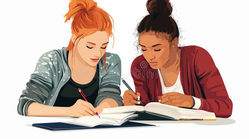 Female Friends Studying Together while Doing Homework. Stock Vector ...