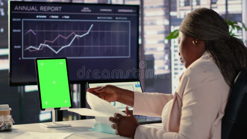 Female General Manager Working with Isolated Copy Space on Her Tablet ...