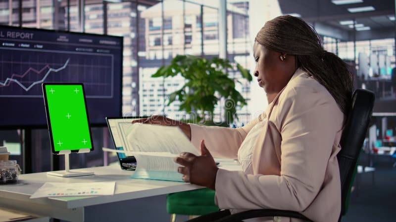 Female General Manager Working with Isolated Copy Space on Her Tablet ...