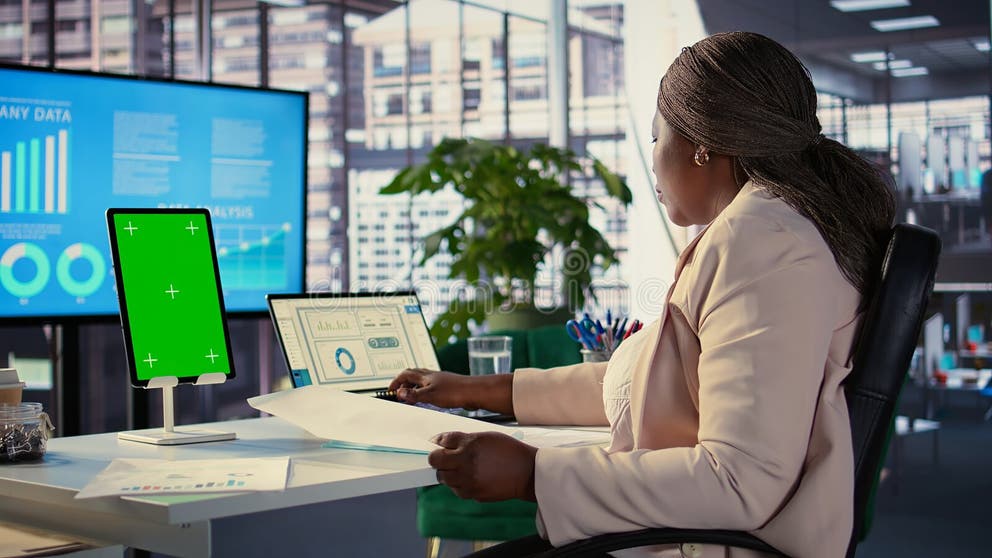 Female General Manager Working with Isolated Copy Space on Her Tablet ...