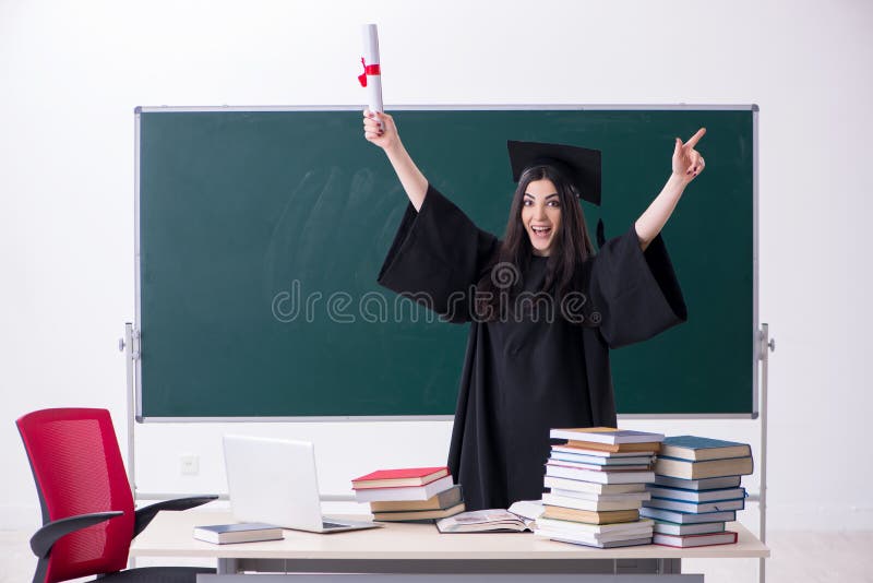 The Female Graduate Student in Front of Green Board Stock Image - Image ...