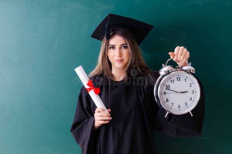 The Female Graduate Student in Front of Green Board Stock Image - Image ...