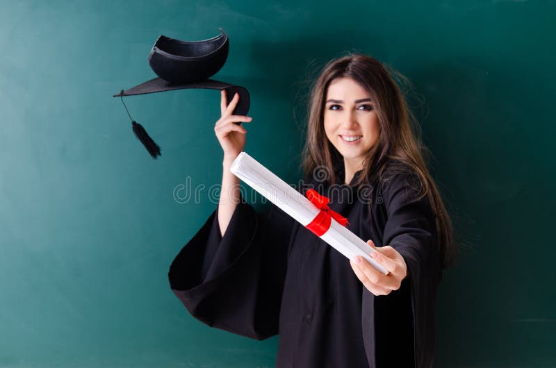 The Female Graduate Student in Front of Green Board Stock Image - Image ...