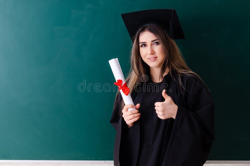 The Female Graduate Student in Front of Green Board Stock Image - Image ...