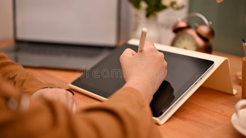 Female Graphic Designer or Freelancer Using Digital Tablet Touchpad ...