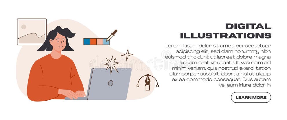 Female Graphic Designer Freelancer Working on a Computer Web Banner ...