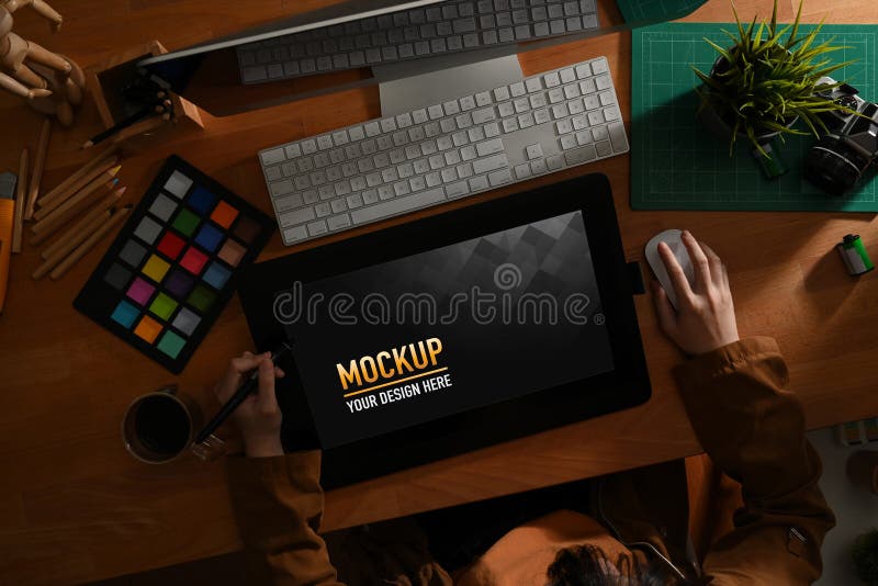 Female Graphic Designer Working with Designer Tools and Mock Up Drawing ...